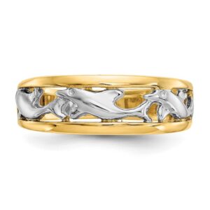 Size 8 - Solid 14k Yellow and White Gold Two Tone Dolphin Ring (6mm)