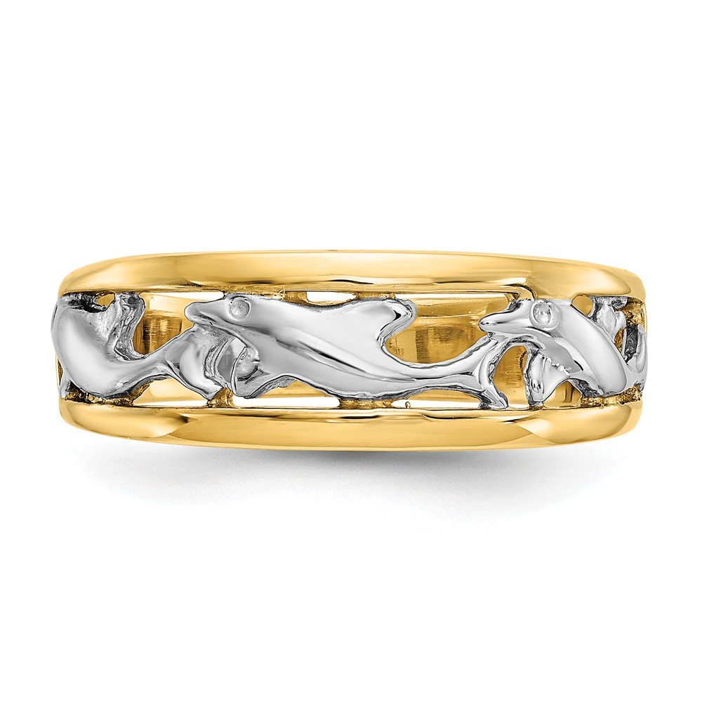 Size 8 - Solid 14k Yellow and White Gold Two Tone Dolphin Ring (6mm)