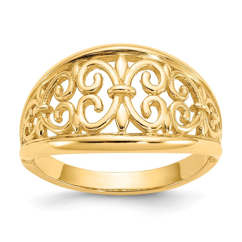 Size 9 - Solid 14k Yellow Gold Fleur-De-Lis Tapered Ring (11mm)