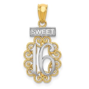 solid 14k yellow and white gold two tone sweet 16 with filigree pendant (10.5mm x 22.6mm)