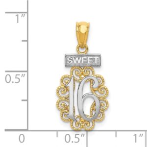 Solid 14k Yellow and White Gold Two Tone Sweet 16 with Filigree Pendant (10.5mm x 22.6mm)