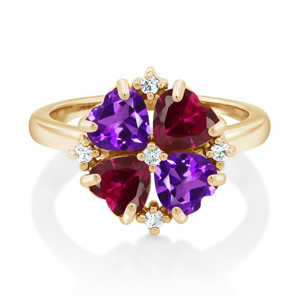 Gem Stone King 18K Yellow Gold Plated Silver Purple Amethyst and Red Created Ruby Ring For Women (2.08 Cttw, Heart Shape 5MM, Gemstone February Birthstone, Size 8)