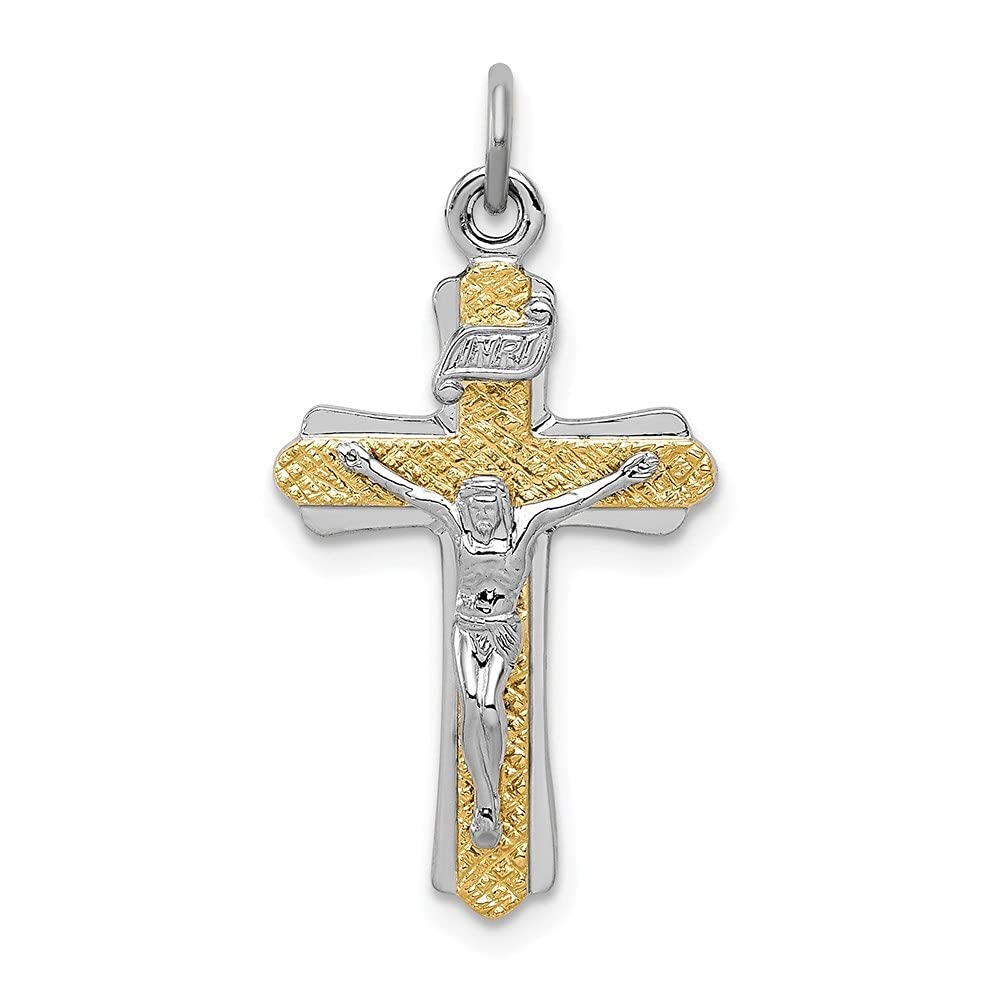 Diamond2Deal 925 Sterling Silver Rhodium-plated Gold-tone INRI Religious Crucifix Cross Pendant for Women (L- 29 mm W- 15 mm)