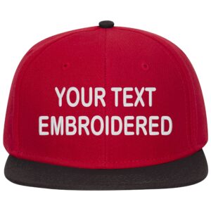 custom snapback hat. otto. embroidered. your own text flatbill bill snapback. (red/black bill)