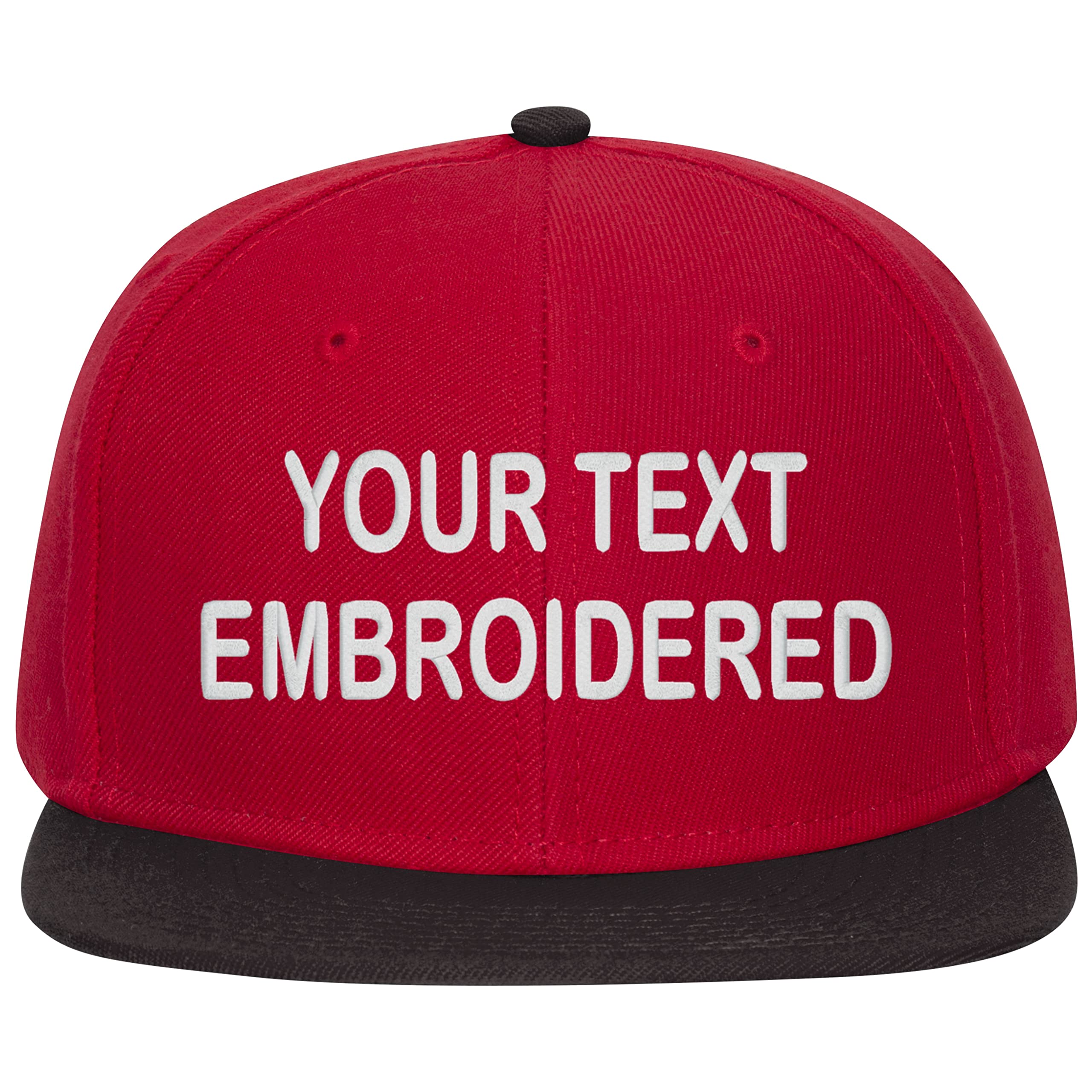 Custom Snapback Hat. Otto. Embroidered. Your Own Text Flatbill Bill Snapback. (Red/Black Bill)