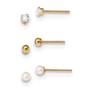 solid 14k yellow gold 3 pair set-ball, cz cubic zirconia & freshwater cultured pearl earrings (3.3mm x 3.3mm)