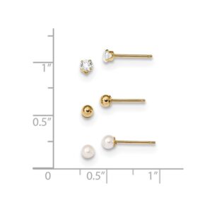 Solid 14k Yellow Gold 3 Pair Set-Ball, CZ Cubic Zirconia & Freshwater Cultured Pearl Earrings (3.3mm x 3.3mm)