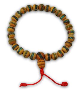 tibetan mala embedded medicine wrist mala for meditation handmade draw string silk pouch each wood bead is embedded with turquoise, coral, (wood guru bead)