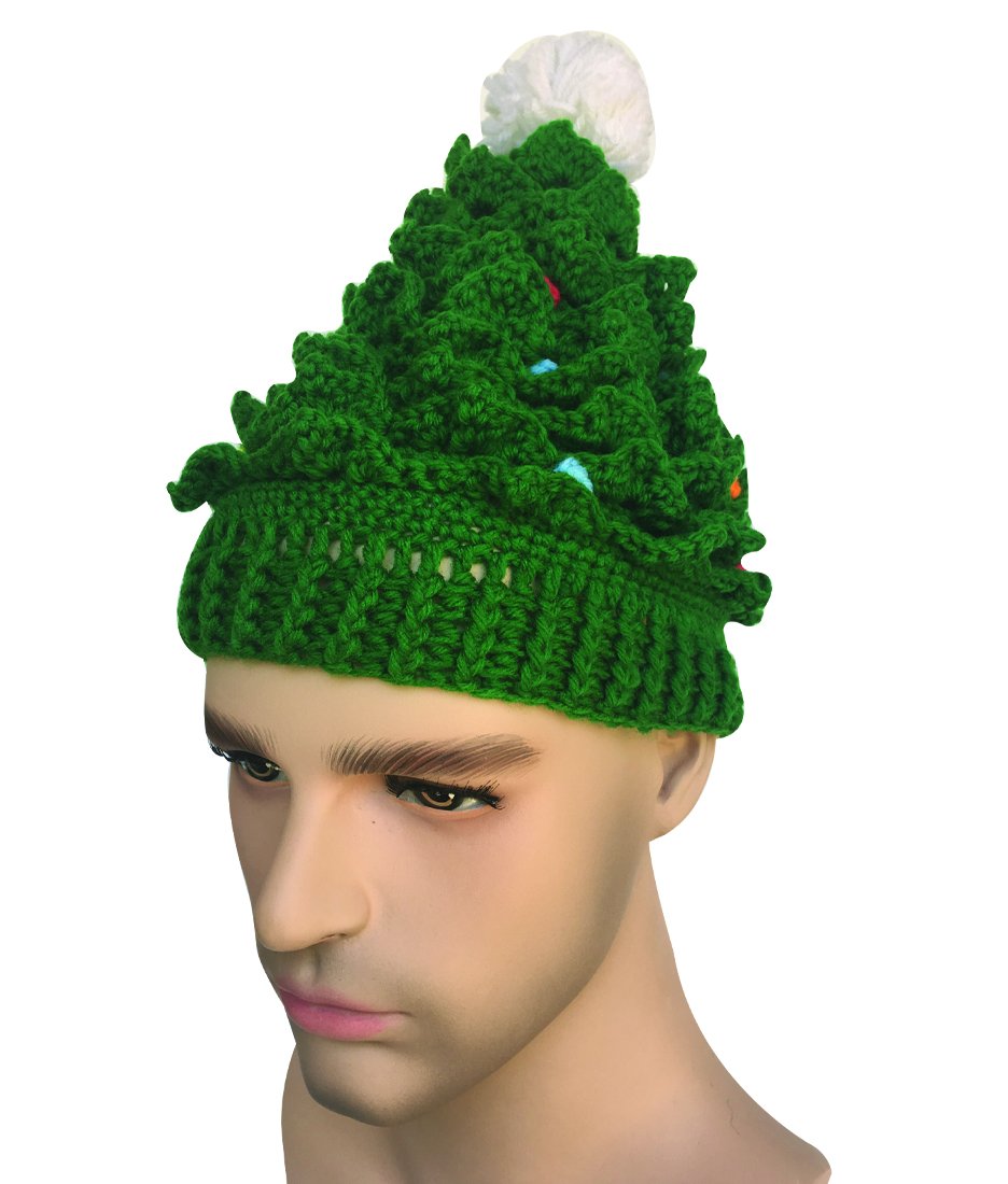 Kafeimali Unisex Christmas Winter Knitted Crochet Beanie Santa Hat with Beard Foldaway Bearded Caps (Green)