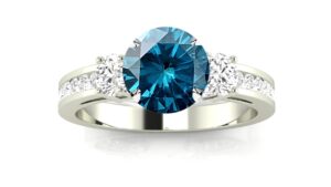 14k white gold channel set 3 three stone diamond engagement ring with a 0.75 carat blue diamond heirloom quality center