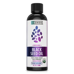 zhou organic black seed oil | 100% virgin cold pressed omega 3 6 9 | super antioxidant for immune support, joints, digestion, hair & skin | vegan, gluten-free, non-gmo | 8oz