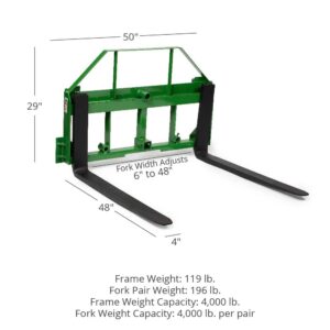 Titan Attachments USA Made Pallet Fork Frame Attachment Fits JD Tractors, 48in Fork Blades 4,000 LB Capacity, Receiver Hitch, Spear Sleeves, Headache Rack