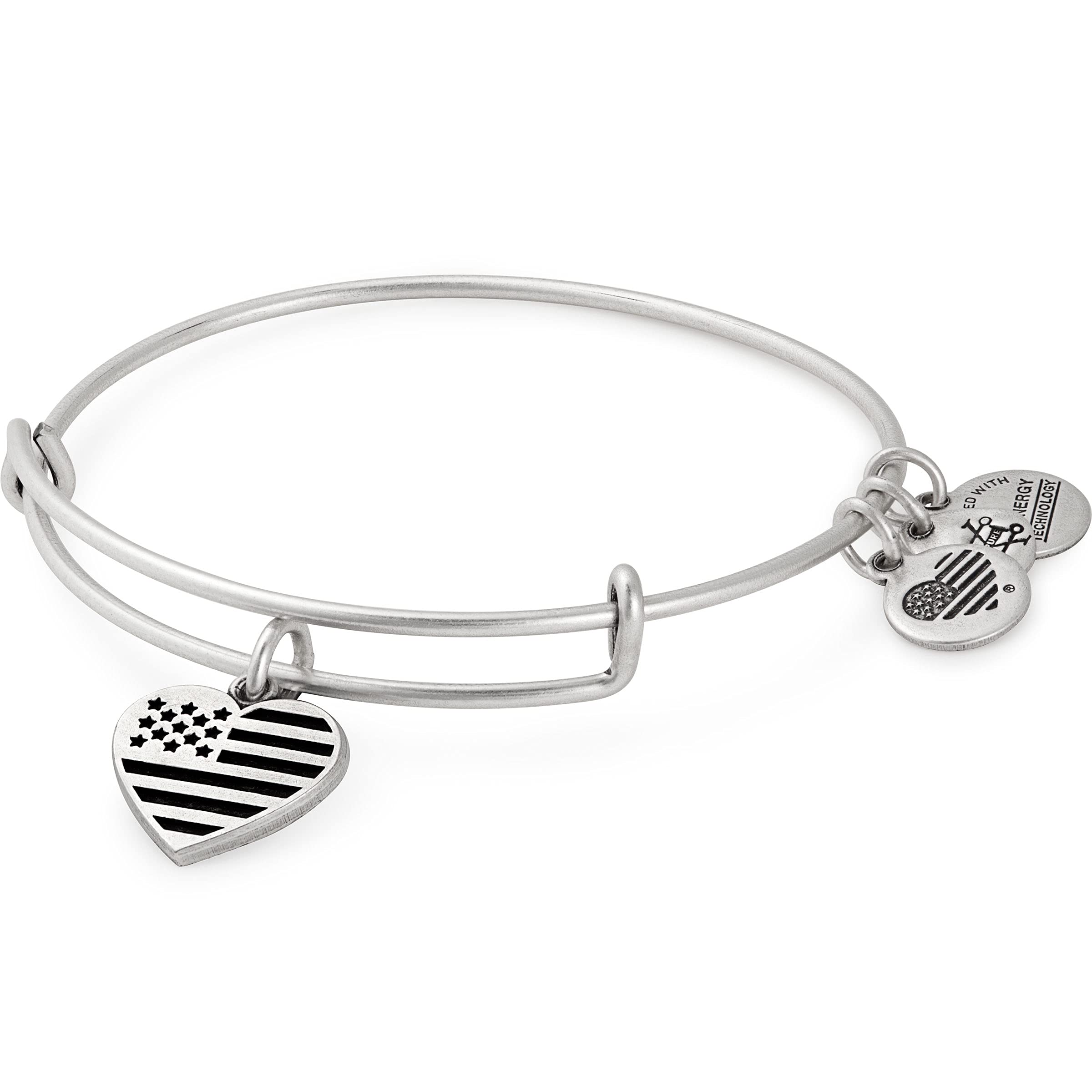 Alex and Ani Path of Symbols Expandable Bangle for Women, Heart Flag Charm, Rafaelian Silver Finish, 2 to 3.5 in