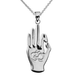 middle eastern jewelry unique sterling silver stay calm om/ohm hand signal pendant necklace, 20"