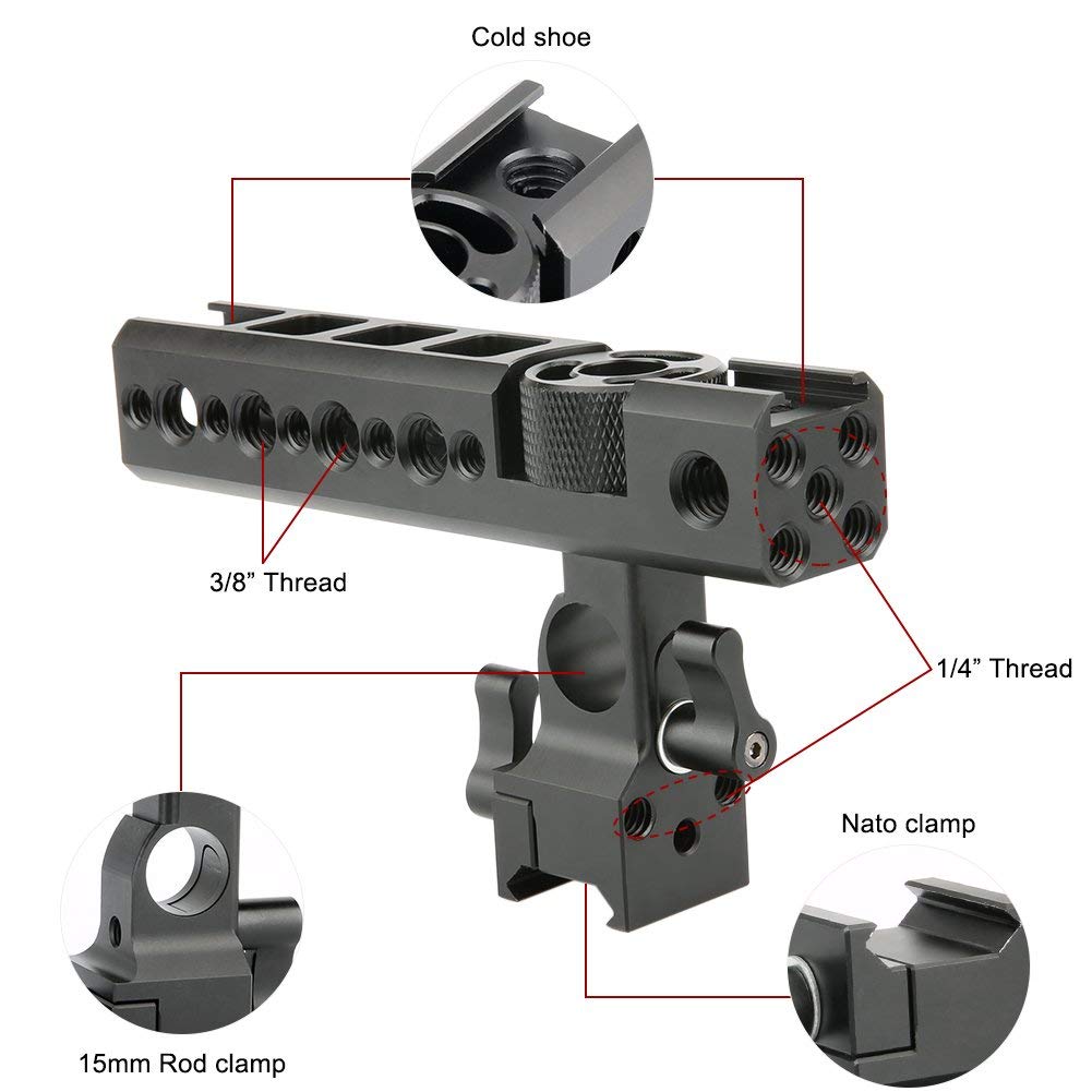 NICEYRIG Quick Release NATO Top Handle with 15mm Rod Clamp, Cold Shoe Mounts for DSLR Camera/Camcorder/Cinema Camera Cage