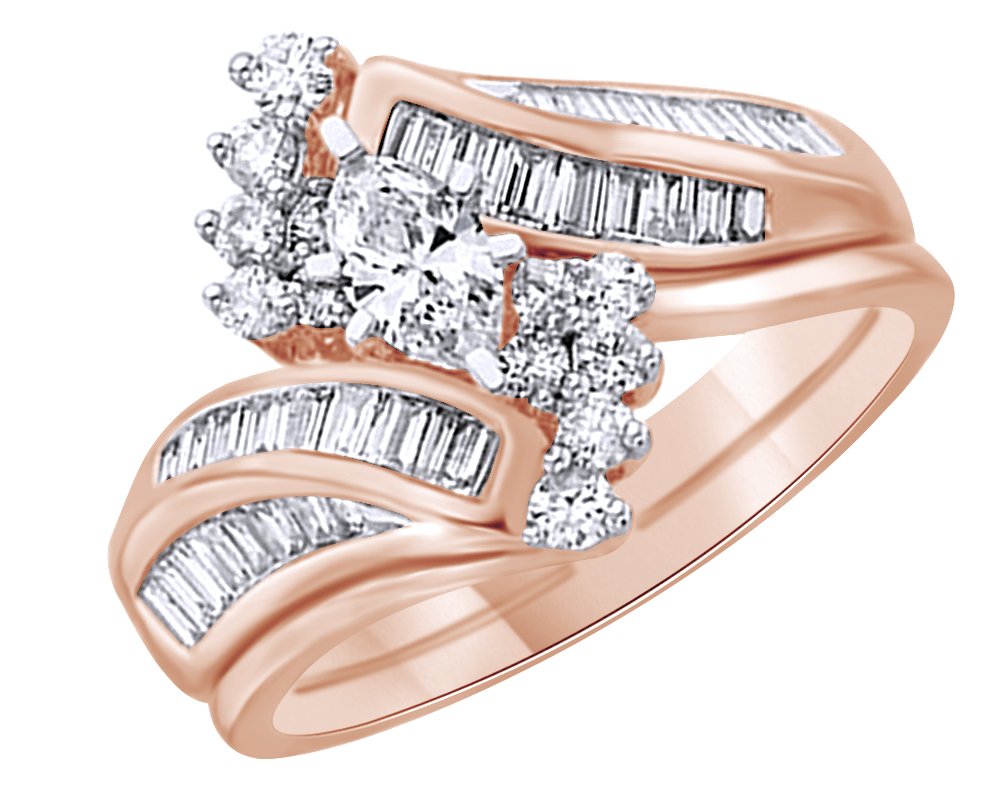 AFFY Marquise & Baguette Cut White Natural Diamond Bypass Engagement Wedding Ring Set in 14K Solid Rose Gold (1 Ct)