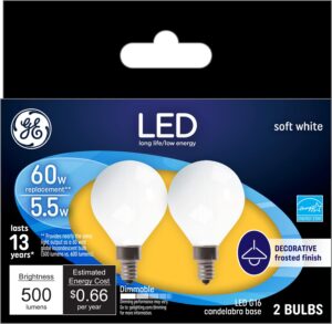 ge led light bulbs, 60 watt, soft white, g16 globe bulbs, frosted, small base (2 pack)