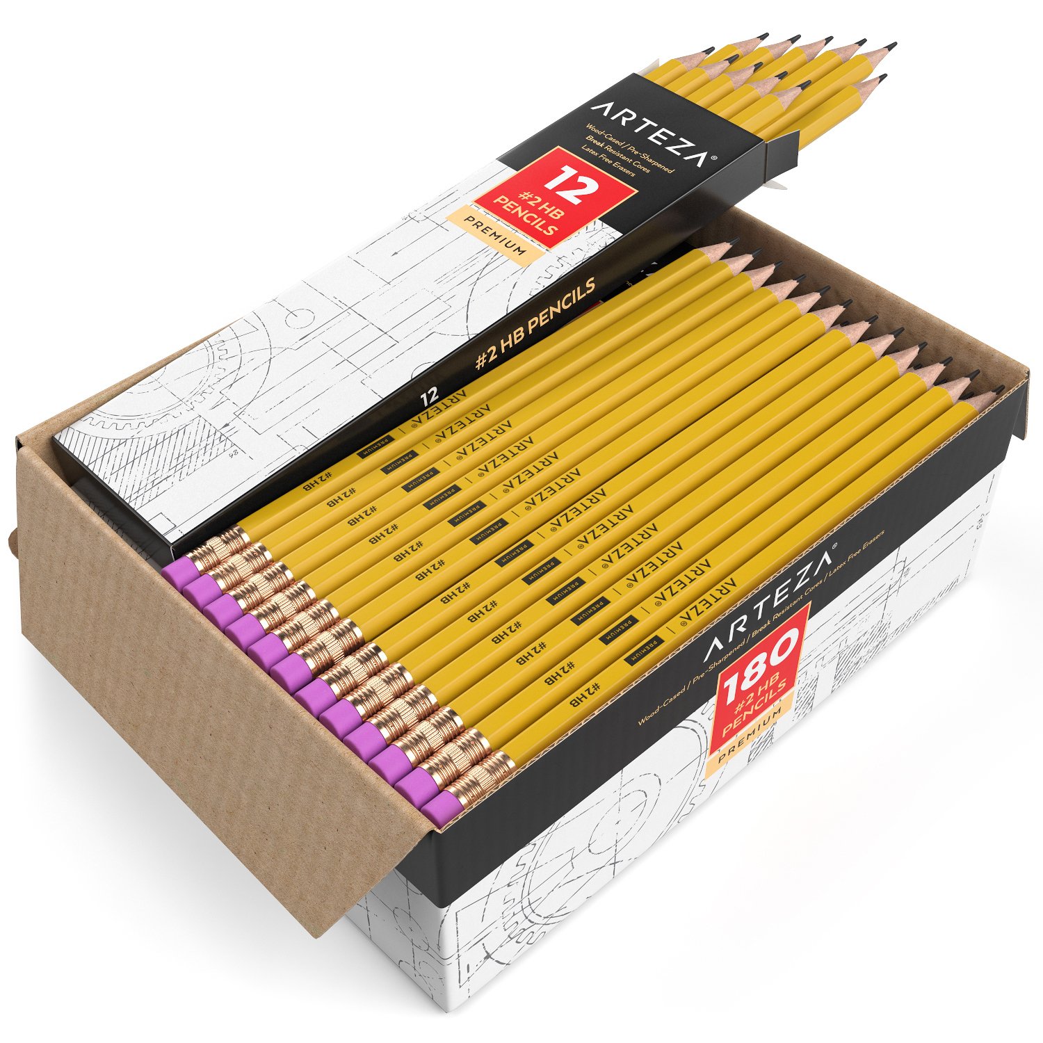 ARTEZA HB Pencils #2, Pack of 180, Wood-Cased Graphite Pencils in Bulk, Pre-Sharpened, Office and School Supplies for Exams, Classrooms, Students