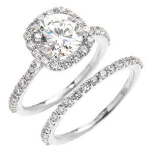 10k white gold cubic zirconia cushion shape halo engagement ring and 3/4 eternity wedding band bridal ring set - size 8