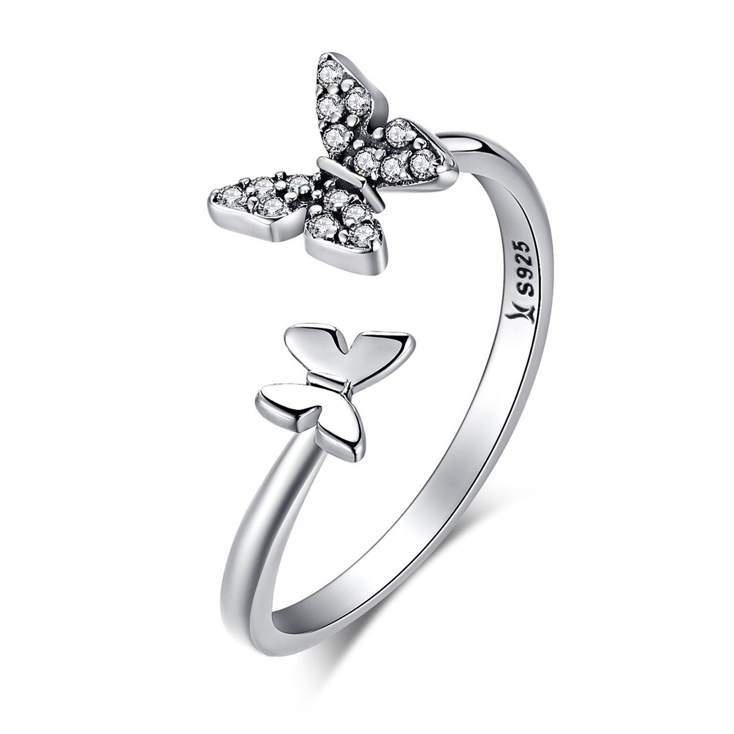 XOYOYZU 925 Sterling Silver Butterfly White Birthstone CZ Ring Expandable Open Rings Adjustable for Women Jewelry (Sterling silver ring)