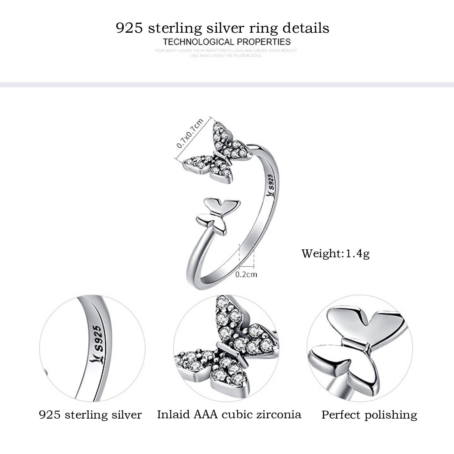 XOYOYZU 925 Sterling Silver Butterfly White Birthstone CZ Ring Expandable Open Rings Adjustable for Women Jewelry (Sterling silver ring)