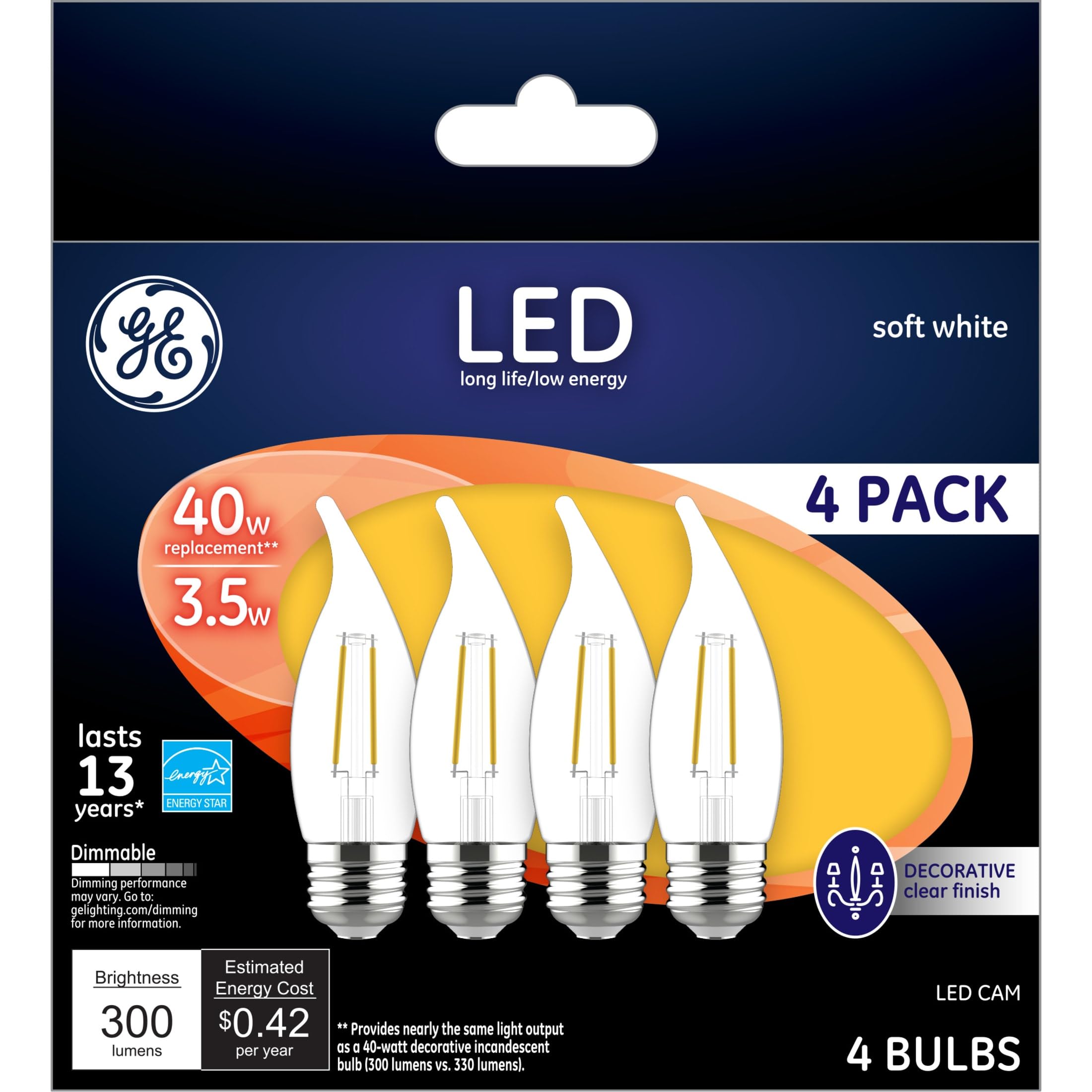 GE LED Light Bulbs, 40 Watt, Soft White, Decorative Bulbs, Clear, Medium Base (4 Pack)