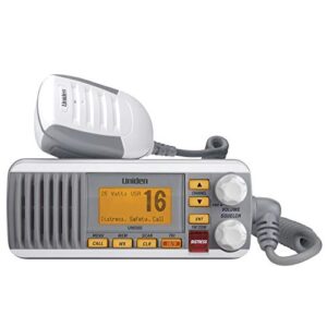 uniden um385 25 watt fixed mount marine vhf radio, waterproof ipx4 with triple watch, dsc, emergency/noaa weather alert, all usa/international/canadian marine channels, memory channel scan, white