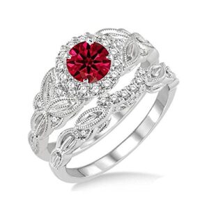 jeenjewels 1.25 carat ruby & diamond vintage floral bridal set engagement ring on white gold (ruby and diamond wedding ring set for women)