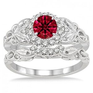 JeenJewels 1.25 Carat Ruby & Diamond Vintage Floral Bridal Set Engagement Ring on White Gold (Ruby and Diamond Wedding Ring Set for Women)