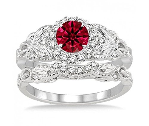 JeenJewels 1.25 Carat Ruby & Diamond Vintage Floral Bridal Set Engagement Ring on White Gold (Ruby and Diamond Wedding Ring Set for Women)