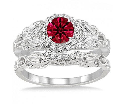 JeenJewels 1.25 Carat Ruby & Diamond Vintage Floral Bridal Set Engagement Ring on White Gold (Ruby and Diamond Wedding Ring Set for Women)