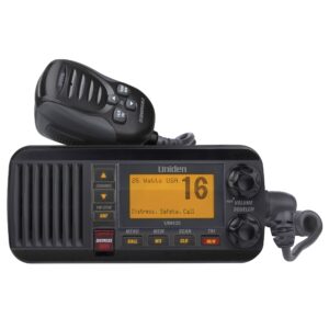 uniden um435bk advanced fixed mount vhf marine radio, all usa/international/canadian marine channels including new 4-digit, cdn “b” channels, 1 watt/25 watt power, waterproof ipx8 submersible, black