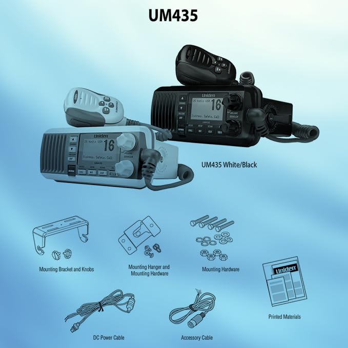 Uniden UM435BK Advanced Fixed Mount VHF Marine Radio, All USA/International/Canadian Marine Channels including new 4-Digit, CDN “B” Channels, 1 Watt/25 Watt Power, Waterproof IPX8 Submersible, Black