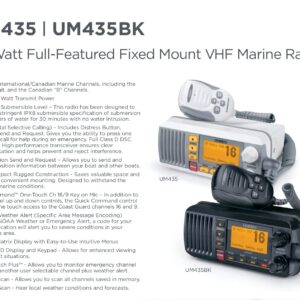 Uniden UM435BK Advanced Fixed Mount VHF Marine Radio, All USA/International/Canadian Marine Channels including new 4-Digit, CDN “B” Channels, 1 Watt/25 Watt Power, Waterproof IPX8 Submersible, Black