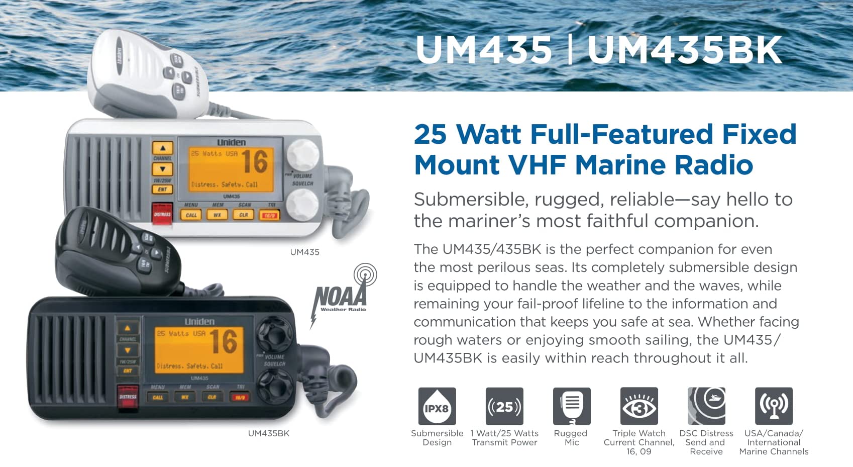 Uniden UM435BK Advanced Fixed Mount VHF Marine Radio, All USA/International/Canadian Marine Channels including new 4-Digit, CDN “B” Channels, 1 Watt/25 Watt Power, Waterproof IPX8 Submersible, Black