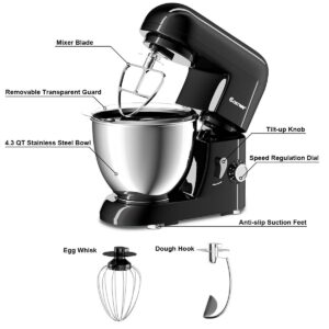 COSTWAY Stand Mixer 4.3 Quart 6-Speed 120V/550W 3 Attachments Offer Tilt-head Electric Food Mixer w/Stainless Steel Bowl (Painted-Black)