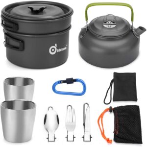 odoland camping cookware mess kit, lightweight pot pan kettle with 2 cups, fork spoon kit stainless steel, gray for backpacking, outdoor camping hiking and picnic