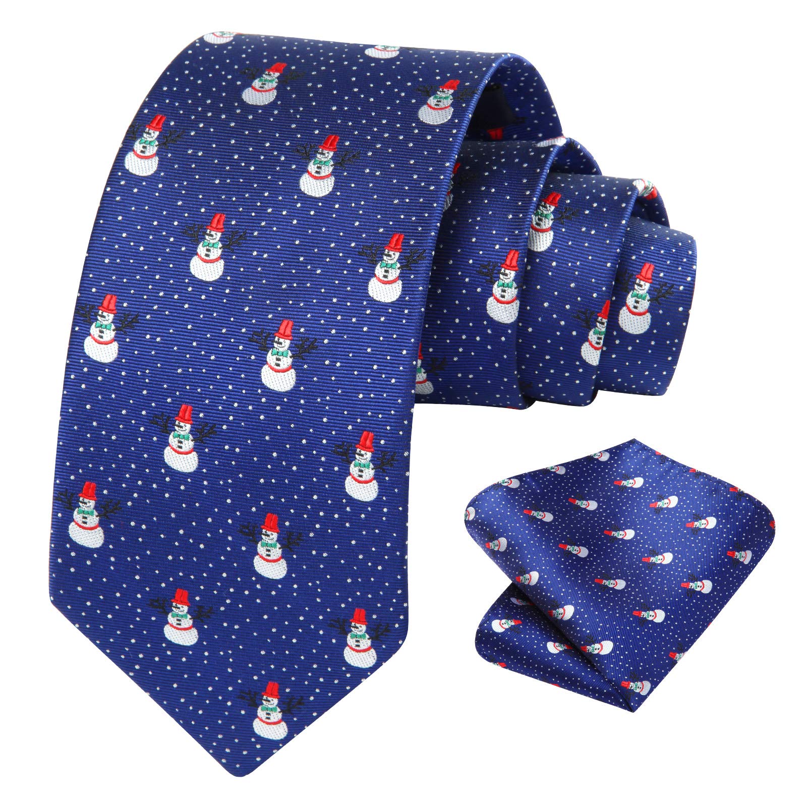 HISDERN Men's Christmas Ties Navy Blue Snowman Funny Necktie and Pocket Square Festival Holiday Xmas Tie for Vacation Party with Gift Box