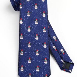 HISDERN Men's Christmas Ties Navy Blue Snowman Funny Necktie and Pocket Square Festival Holiday Xmas Tie for Vacation Party with Gift Box