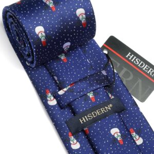 HISDERN Men's Christmas Ties Navy Blue Snowman Funny Necktie and Pocket Square Festival Holiday Xmas Tie for Vacation Party with Gift Box