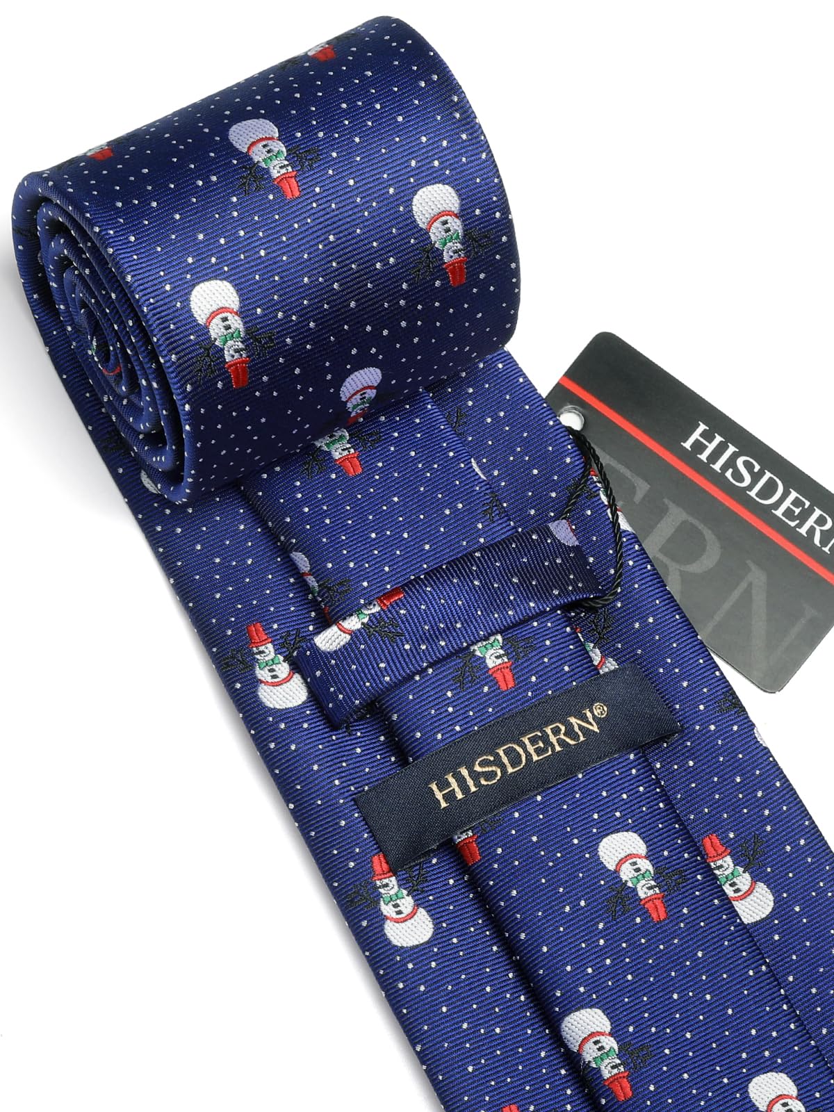 HISDERN Men's Christmas Ties Navy Blue Snowman Funny Necktie and Pocket Square Festival Holiday Xmas Tie for Vacation Party with Gift Box