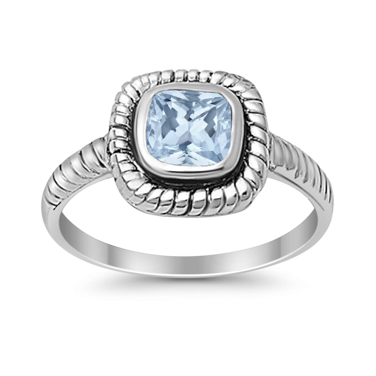 Blue Apple Co. Simulated Aquamarine Cubic Zirconia Size-6 Cable Shank Design Bezel Set Princess Cut Wedding Ring Round Simulated Cubic Zirconia 925 Sterling Silver