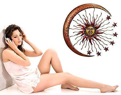 Bellaa Metal Wall Art Sun Moon Stars Celestial Indoor Outdoor Hanging Garden 3D Sculpture Retro Plaques Home Decor Large 36 inch