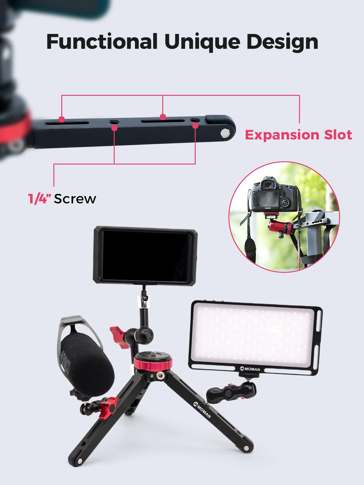 Mini Camera Tripod, Moman Tabletop Short Tripod Desktop TR01 with 1/4 and 3/8 Screw Mount and Function Leg CNC Aluminum Tripod for DSLR Camera/GoPro/Video/Camcorder, Max Payload of 176 Lbs/80Kg, Red