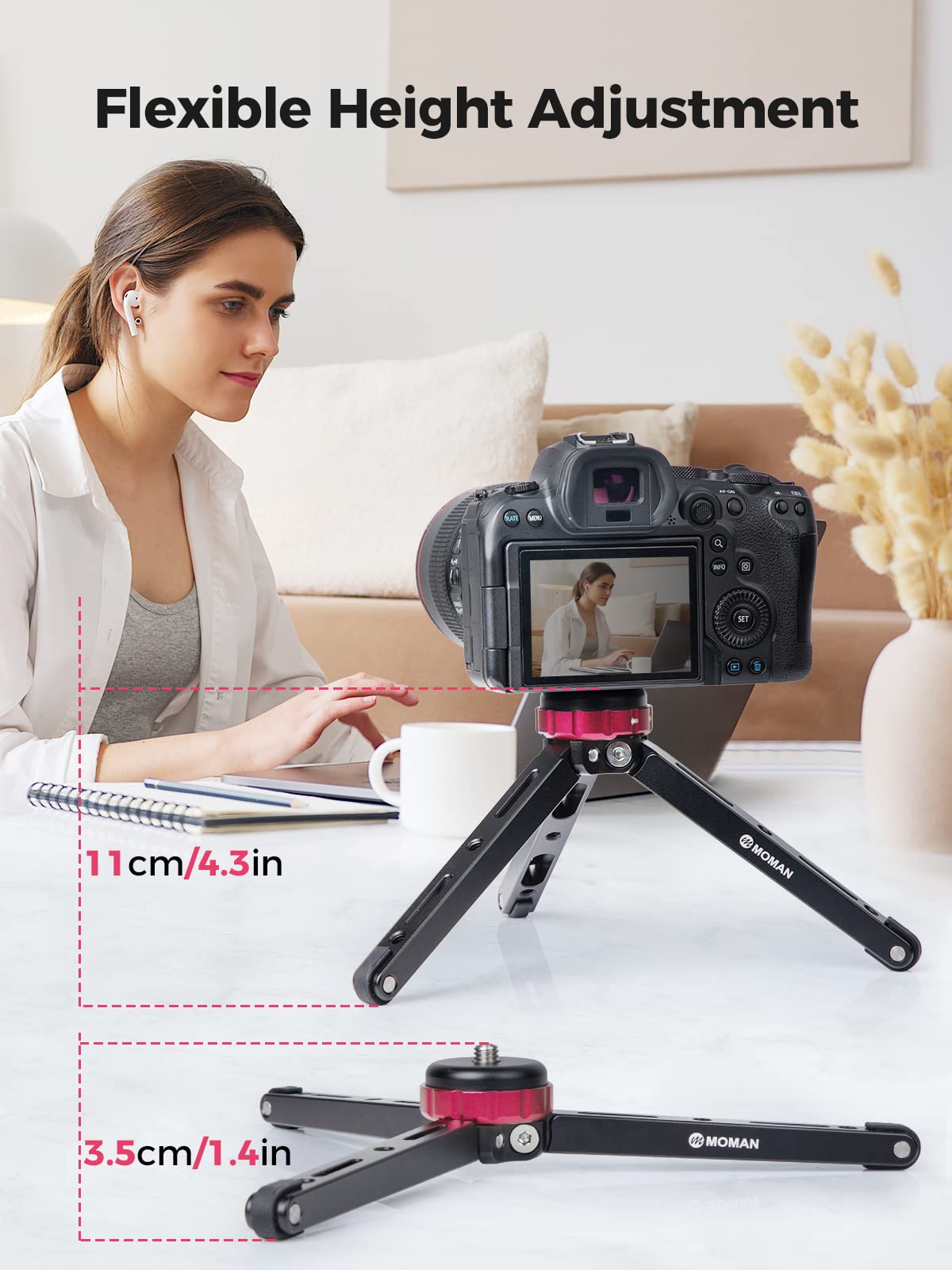 Mini Camera Tripod, Moman Tabletop Short Tripod Desktop TR01 with 1/4 and 3/8 Screw Mount and Function Leg CNC Aluminum Tripod for DSLR Camera/GoPro/Video/Camcorder, Max Payload of 176 Lbs/80Kg, Red