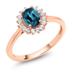 gem stone king 10k rose gold london blue topaz and white created sapphire engagement ring for women | 1.14 cttw | oval 7x5mm | gemstone birthstone | available in size 5, 6, 7, 8, 9