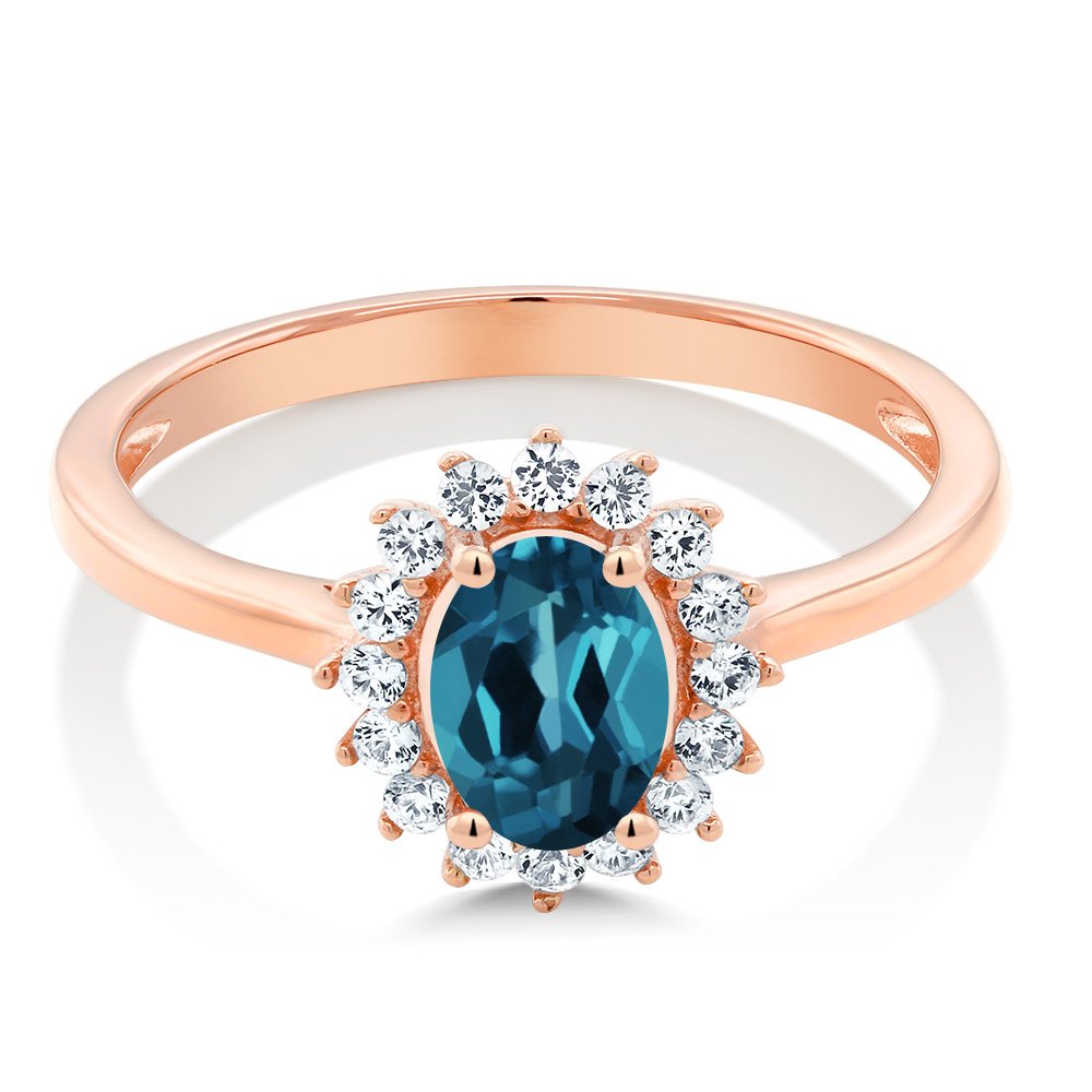 Gem Stone King 10K Rose Gold London Blue Topaz and White Created Sapphire Engagement Ring For Women | 1.14 Cttw | Oval 7X5MM | Gemstone Birthstone | Available in size 5, 6, 7, 8, 9