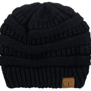 C.C Unisex Chunky Soft Stretch Cable Knit Warm Fuzzy Lined Skully Beanie, Black