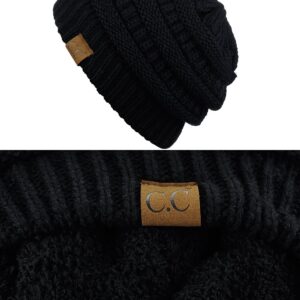 C.C Unisex Chunky Soft Stretch Cable Knit Warm Fuzzy Lined Skully Beanie, Black