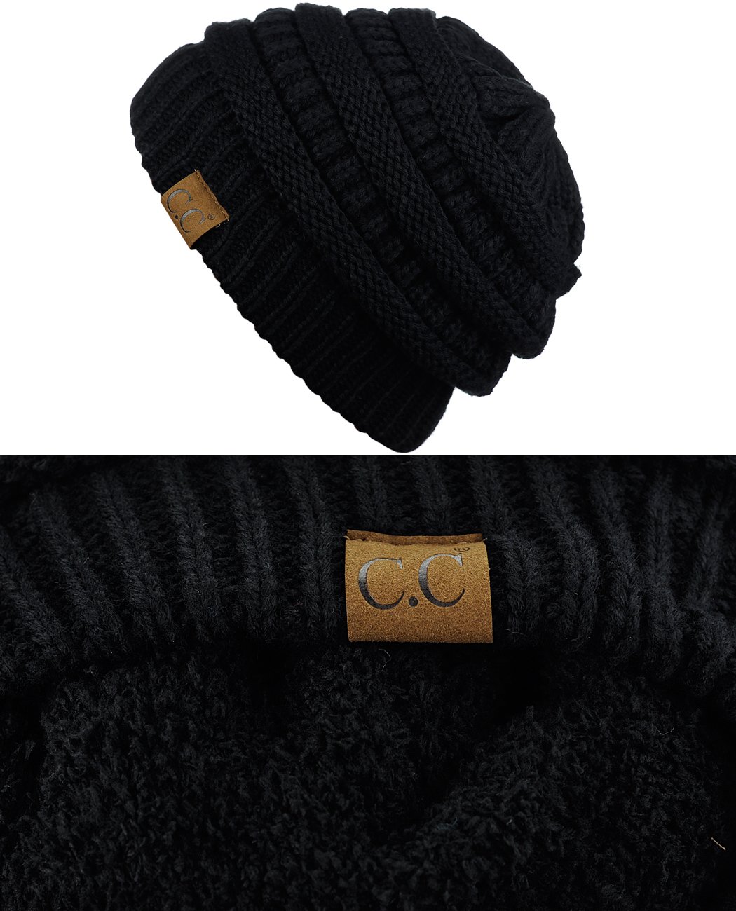 C.C Unisex Chunky Soft Stretch Cable Knit Warm Fuzzy Lined Skully Beanie, Black